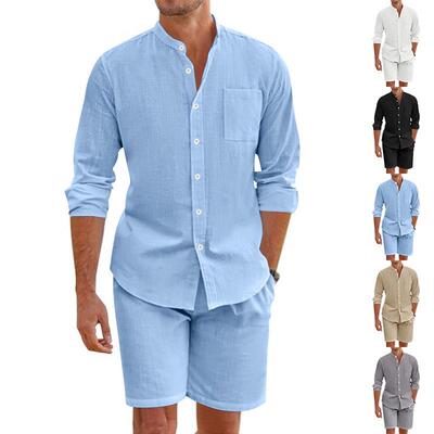 Men's 5-Color Linen 2-Piece Outfit - Stand Collar Short