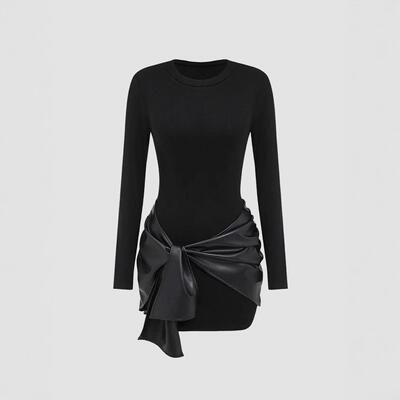 Womens patchwork knotted side ruched longsleeved mini dress