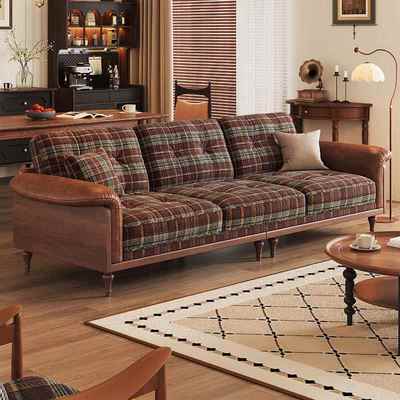 朱丽亚 美式复古棉麻布艺沙发可拆洗客厅拼色格子田园风皮布沙发