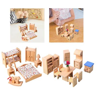 Wooden Dollhouse Furniture Set Role Play Games Kids Toy DIY
