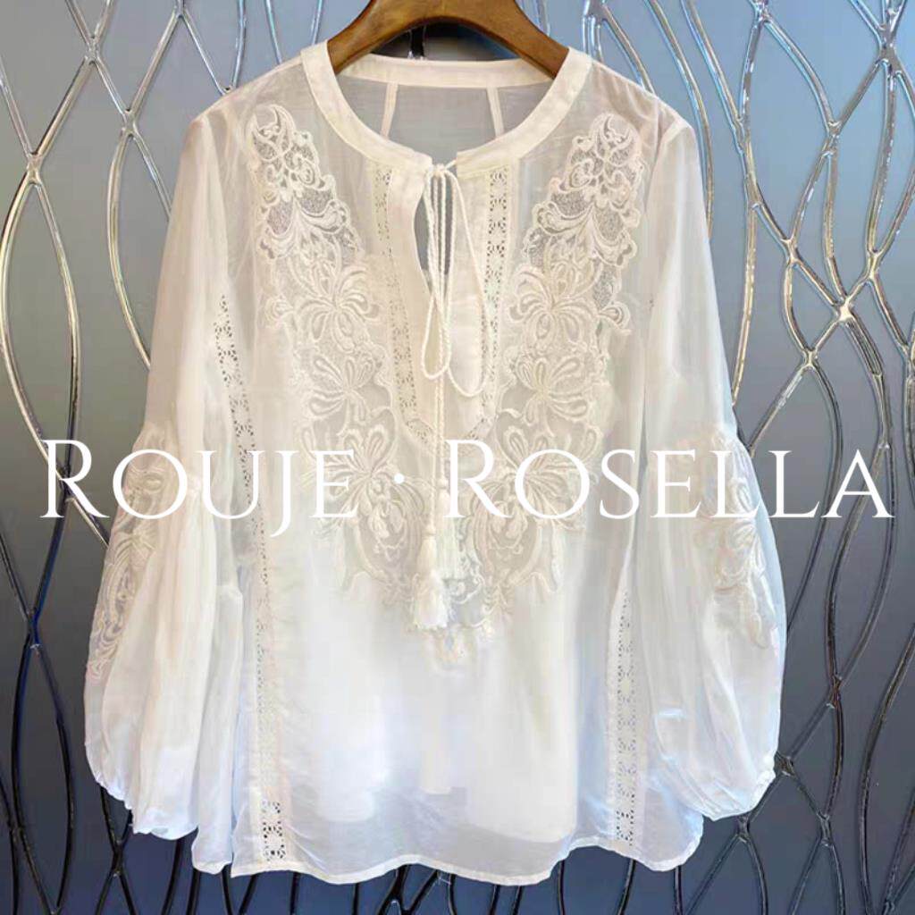法国Rouje Rosella圆领轻薄仙女风刺绣纯色长袖上衣绝美设计感