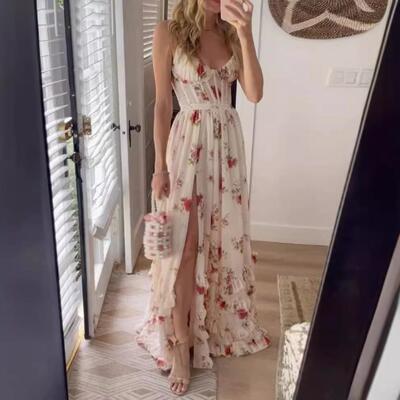 Floral Print Prom Dresses for Women Ruffle Chiffon Evening