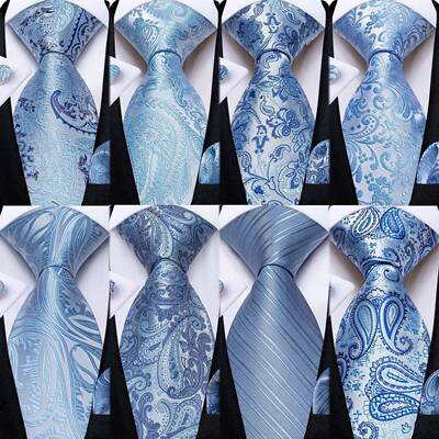 Light Blue Paisley Striped Silk Ties For Men Handkerchief Cu