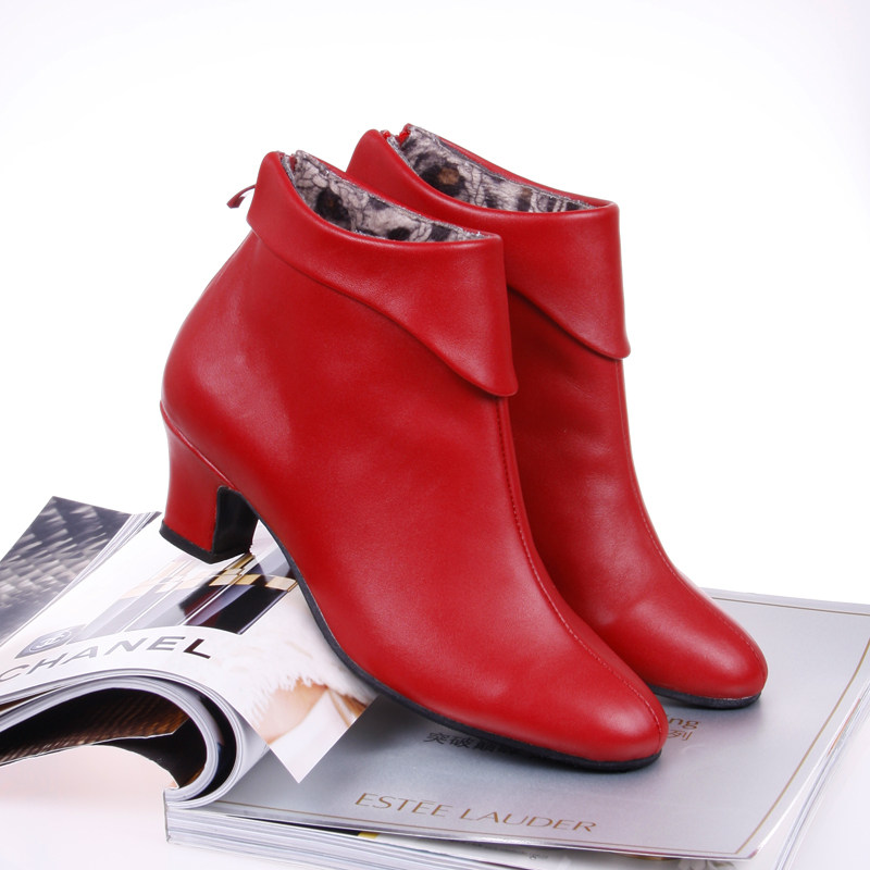 黑红色牛真皮复古高中跟及踝裸短单靴春秋英伦大小码手工定制真皮_虎窝淘