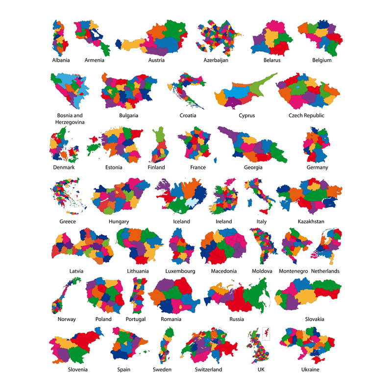 欧洲各国地图简单彩色国家分区版块图 AI格式矢量设计素材_虎窝淘