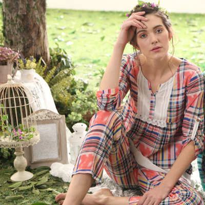 短袖韩版休闲针织格纹睡衣套装