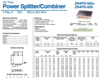 800-920MHz 射频一分四功分器 代替 ZN4PD-920  Mini-Circuits