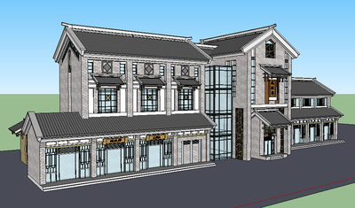 草图大师sketchup明清风格的商业街SU模型园林景观后期素材源文件