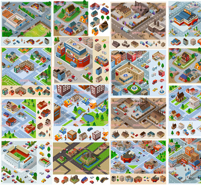 A0148矢量AI设计素材 扁平化Isometric城市建筑交通体育馆商场EPS