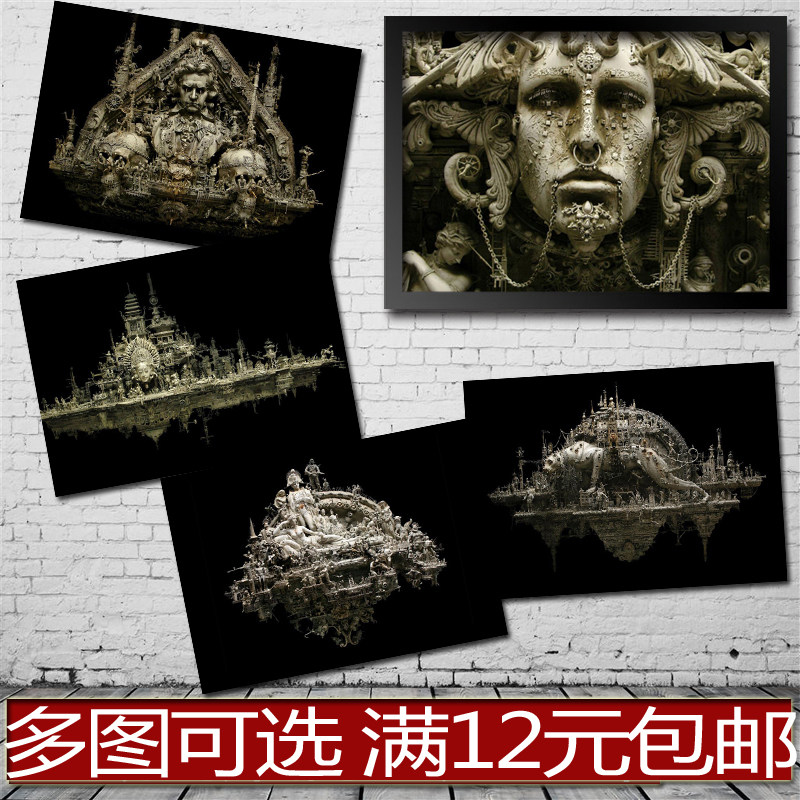 黑暗恐怖魔幻石雕像 海报 酒吧咖啡厅另类装饰画贴画相框有框画心