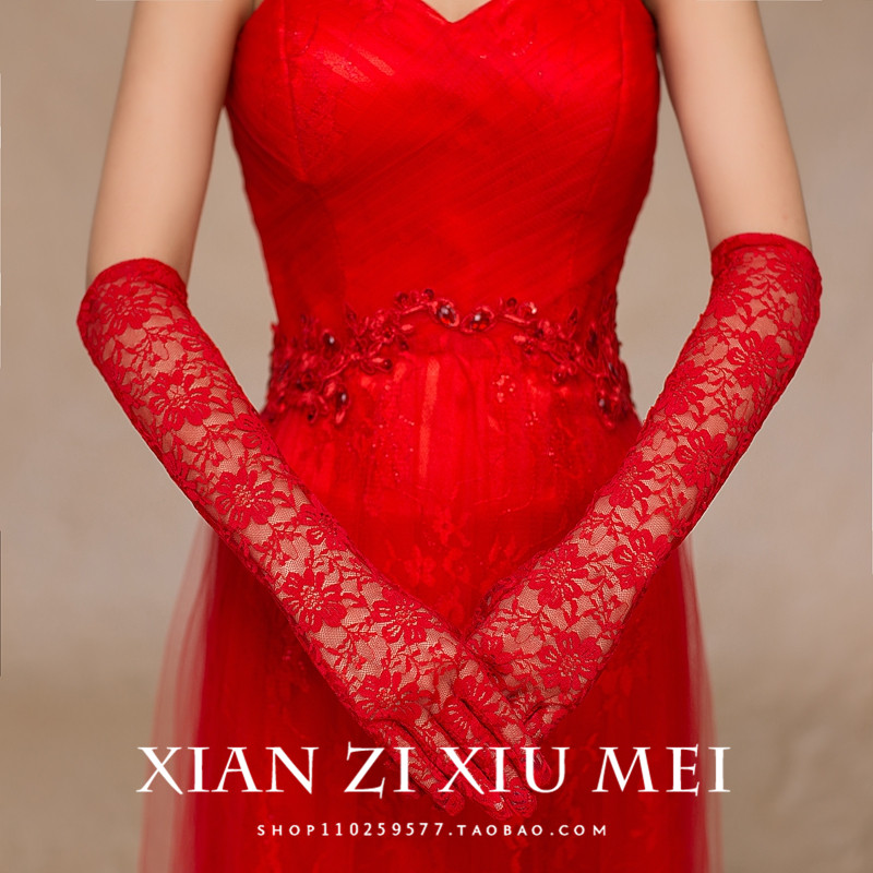 新娘新款红色白色蕾丝花朵长款全指韩式精美婚纱配饰春夏手套新品