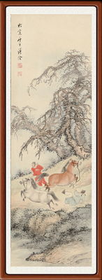 装饰画国画 字画真迹非手写客厅书画书法挂画仿溥佺 驯马图赠装裱