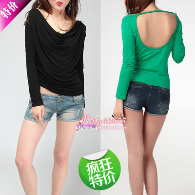 皇冠★特价！简约随意★大堆堆领性感挖背T恤 一字领上衣063