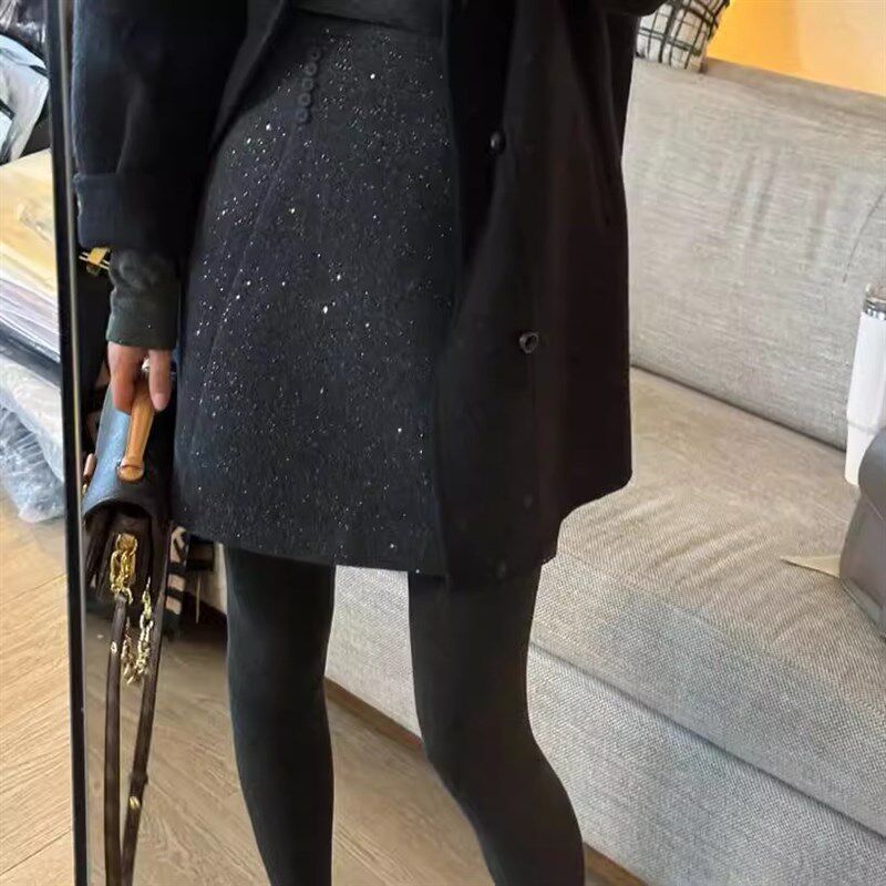 星空闪闪亮片半身裙毛呢包臀裙短款A字裙小个子高腰直筒裙设计感