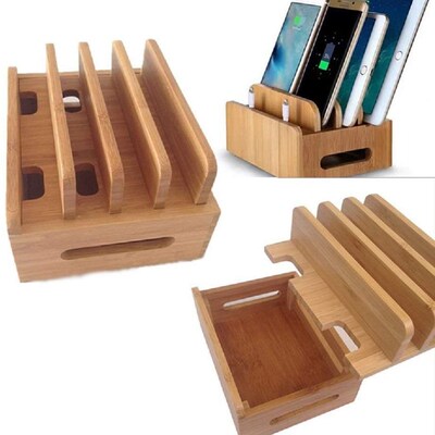 Bamboo Docking Station Wooden Desktop Organizer Charging Sta