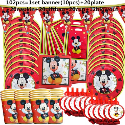 1Set Red Mickey Mouse Theme Disposable Paper Cups Plates Fle