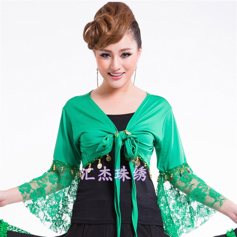 肚皮舞上衣d披肩喇叭袖舞蹈服外搭新款彩铃蕾丝开衫上衣表演服