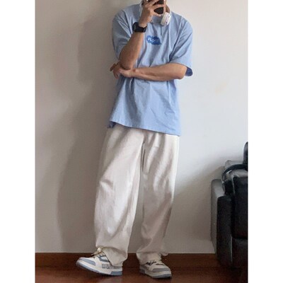 X1617  日系新款百搭宽松简约基础白色直筒裤垂感阔腿裤休闲男士