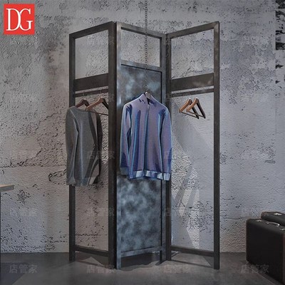 服装店折叠屏风隔断架子男装工业风铁艺展架落地挂衣架牛仔裤展架