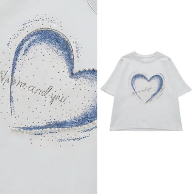 【玉米专享】韩系珍珠爱心圆领T恤穿搭字母烫钻短袖3030