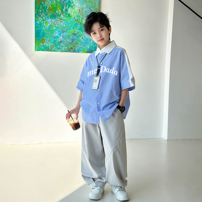 波拉bora儿童装男童薄款细条纹衬衫夏季中大童青少年休闲透气衬衣