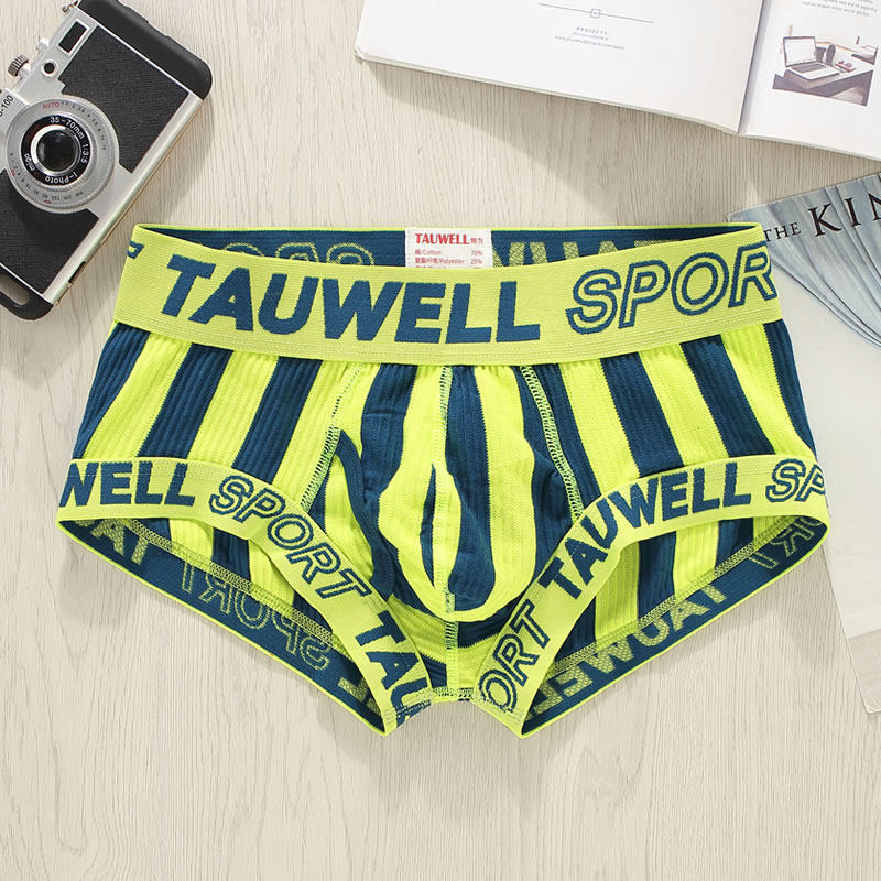Tauwell男时尚平角内裤荧光色竖条纹提臀性感潮流U凸囊袋螺纹棉_虎窝淘