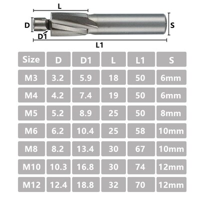 7pcs HSS Counterbore End Mill M3.2-M12.4 Pilot Slotting Tool