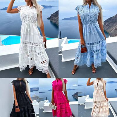Fashionable lace up waist cinching lace patchwork long dress