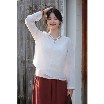 春款21支干洗亚麻白色小衫女显瘦