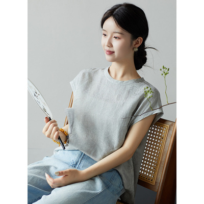 忘城A987座/光影浮花/夏季凉感亚麻天丝中式小衫炒色提花圆领t恤