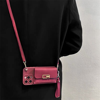 酒红回字扣零钱包适用mate60pro手机壳挂绳pura70pro斜跨背带女p60p50p40手提mate40pro创意nova131211防摔套