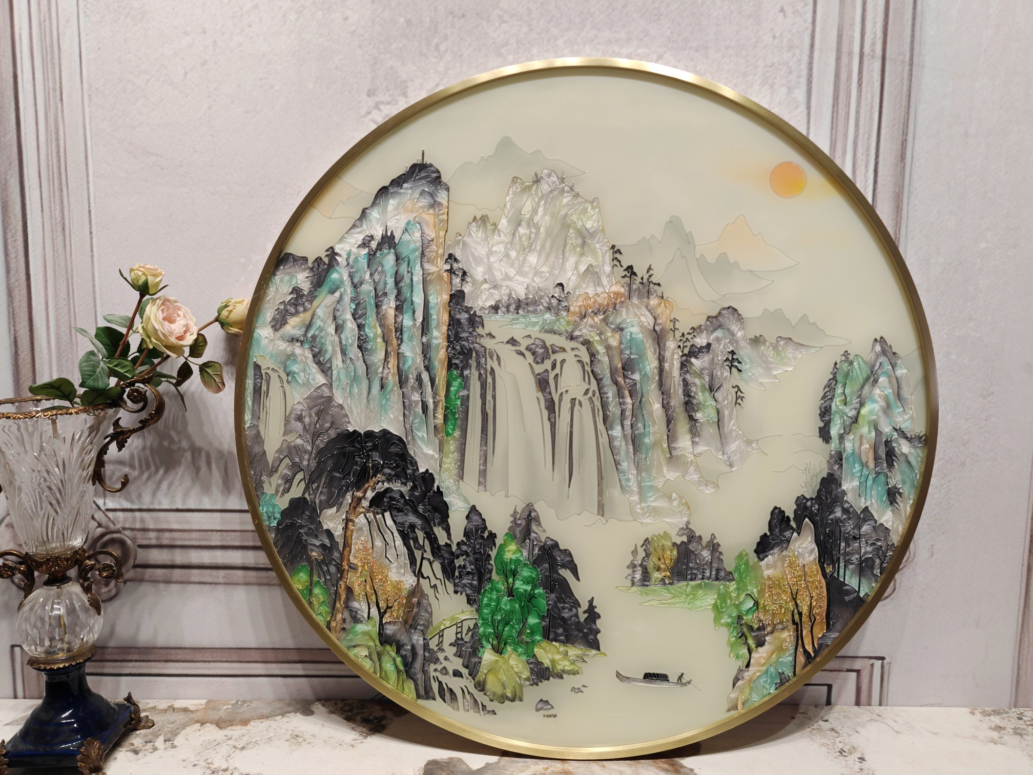 新中式手工珐琅彩画《鸿运通天》新古典客厅玄关高级感圆形装饰画