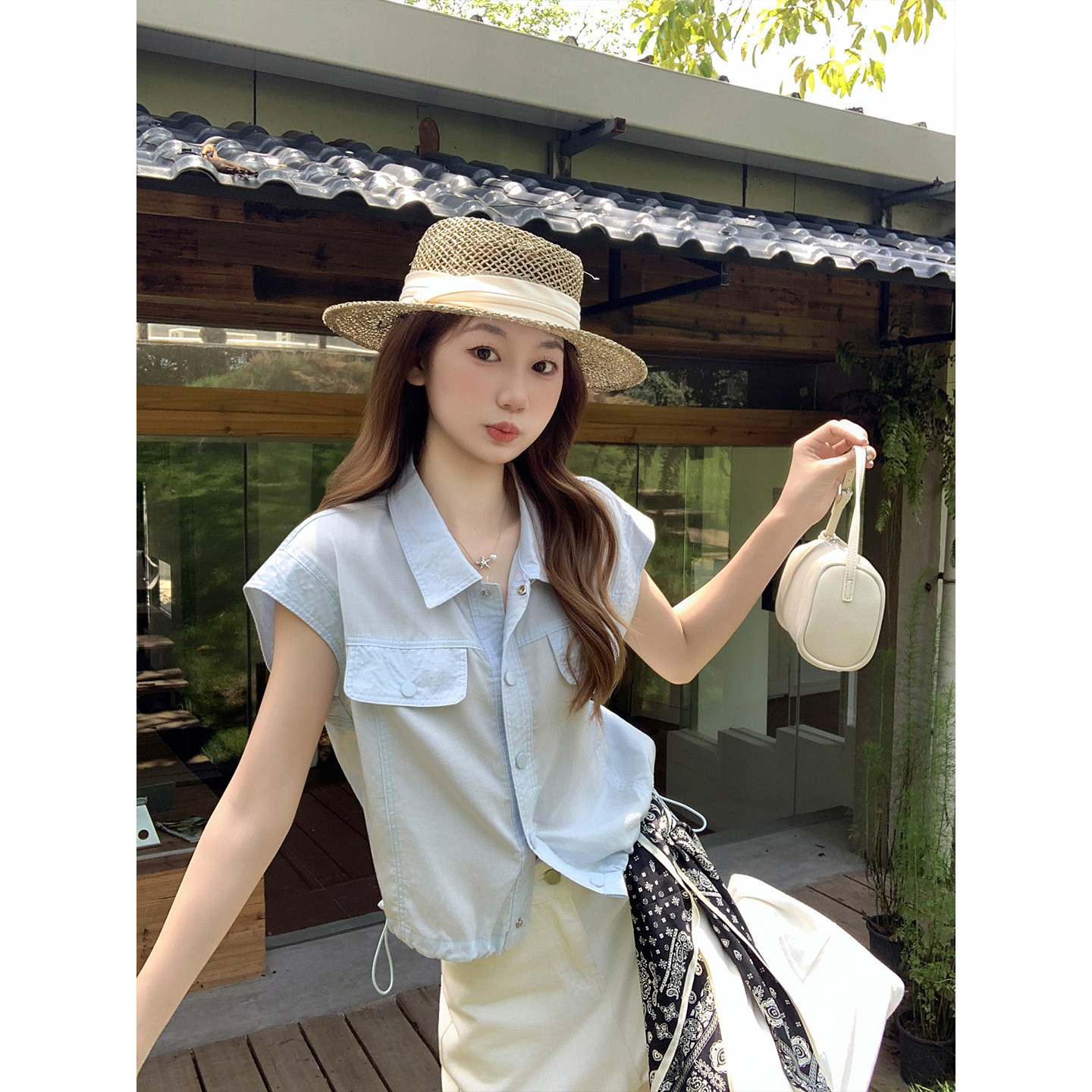 包邮包邮polo领无袖衬衫女夏季新款韩系下摆抽绳显瘦外搭衫上衣