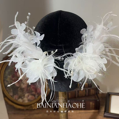 森系仙白羽毛花新娘对夹新娘头饰