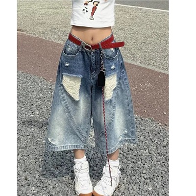 美式设计渐变牛仔裤牛仔短裤复古水洗宽松直筒破洞中裤阔腿七分裤