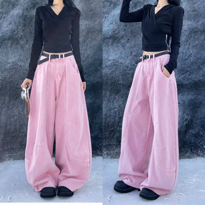 55366爆款宽松牛仔裤女2026年春季新款时尚帅气粉色女裤长裤子