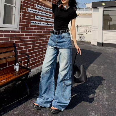 26112假两件套裙裤工装裤2026年春夏新款洗水渐变个性直筒牛仔裤