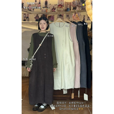 胖mm慵懒风灯芯绒圆领无袖背心裙