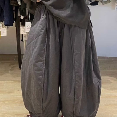 WE女5279冬季酷飒韩版宽松大码胖mm拼接休闲松紧高腰阔腿弯刀棉裤