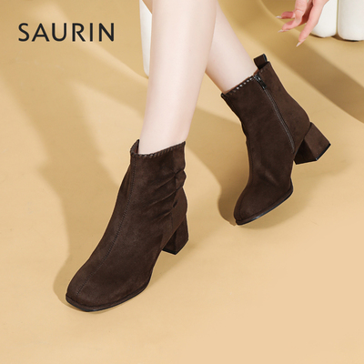 索兰短靴女2025秋冬新款复古时尚瘦瘦靴方头粗跟时装靴25DT39515