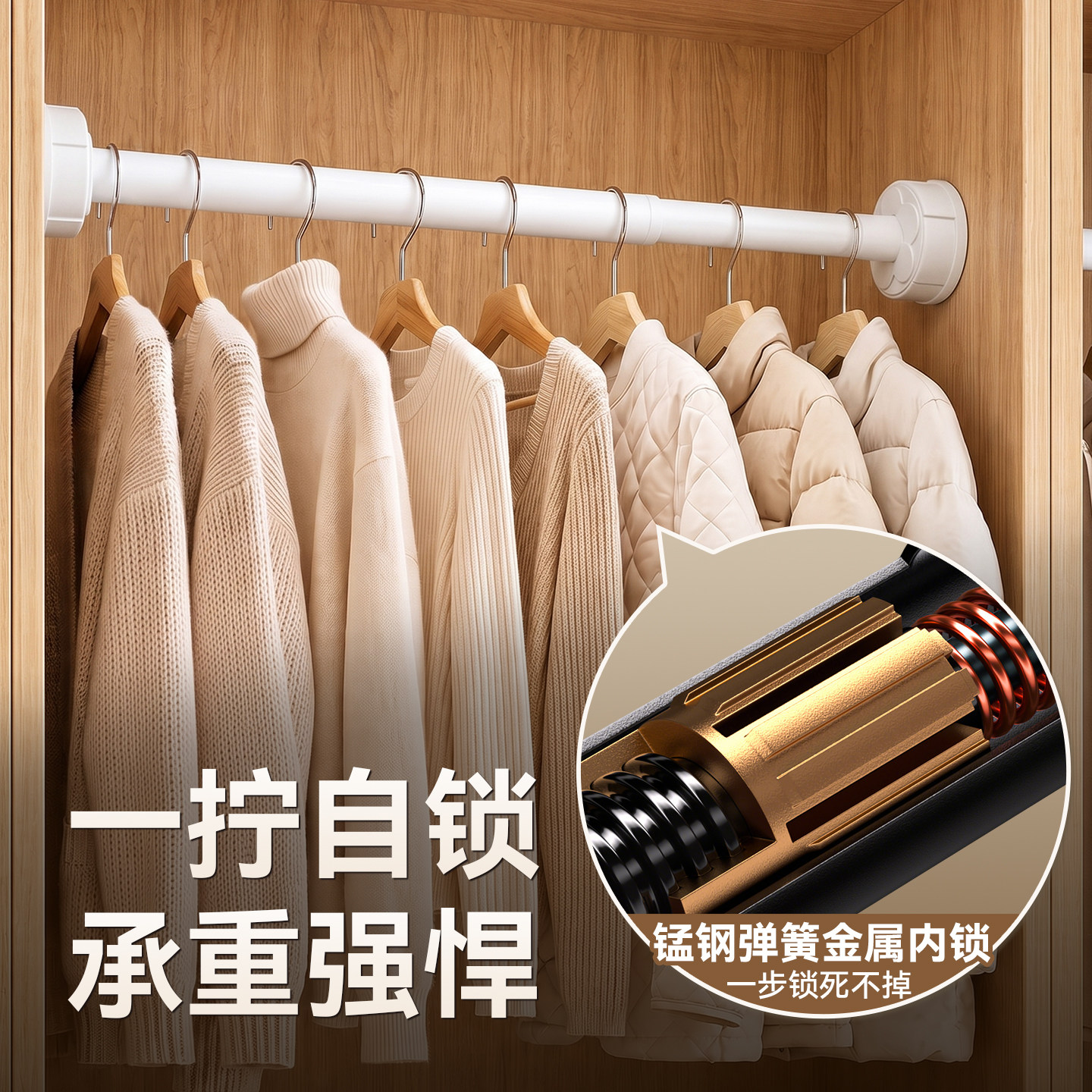 衣柜挂衣杆伸缩杆免打孔晾衣衣杆衣架挂杆柜子固定横杆衣柜内撑杆