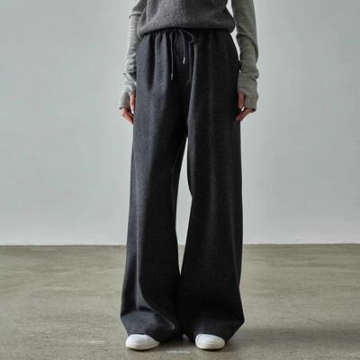 高腰直筒阔腿松紧腰休闲裤女