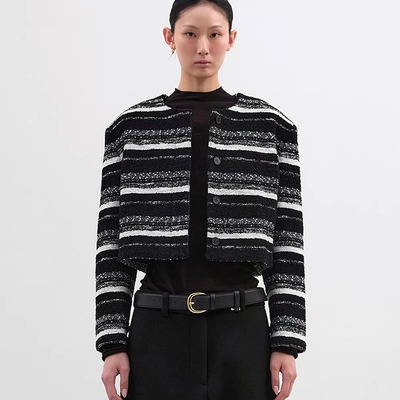 BLOSSOM韩国代购2026早春 时尚编织条纹50%羊毛小香风外套夹克女