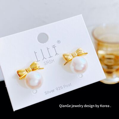 SRSH上人上禾 甜美气质蝴蝶结珍珠耳钉女 s925银针清新设计感耳环