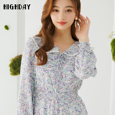 轩日娃娃领收腰长袖连衣裙