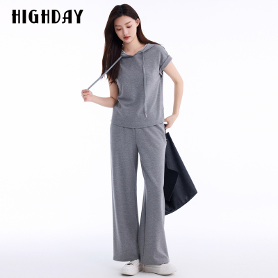 HIGHDAY轩日2026夏新款浅灰休闲卫裤女运动宽松显瘦直筒阔腿长裤
