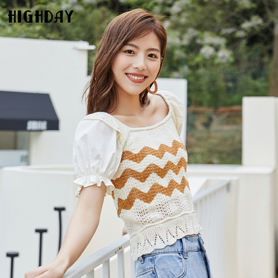 轩日短袖方领波浪条纹上衣