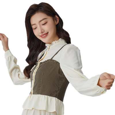 轩日修身假两件木耳花边衬衣