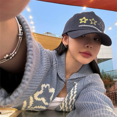 日本RX星星刺绣水洗做旧棒球帽子女遮阳防晒显脸小软顶宽檐鸭舌帽