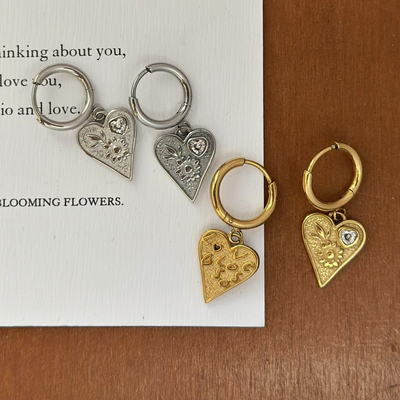 734钛钢爱心双面亮晶晶耳钉通勤复古百搭金色耳环原创